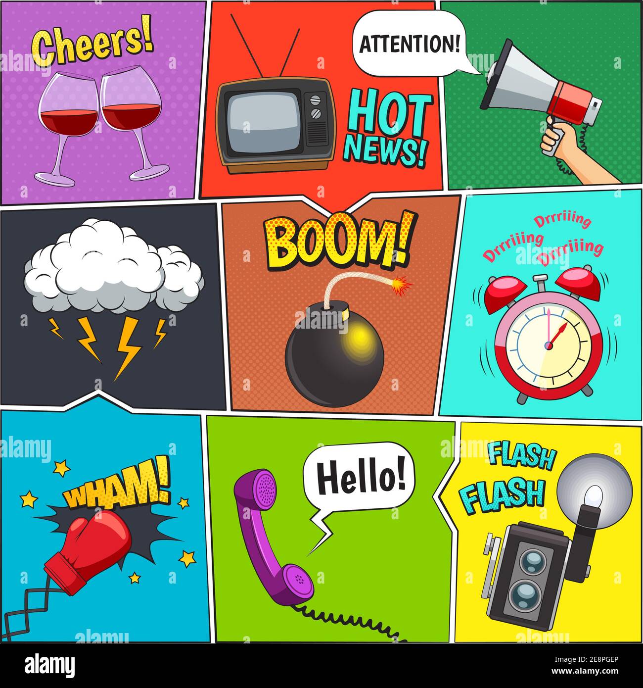 Comic books retro design elements collection with alarm clock and ...