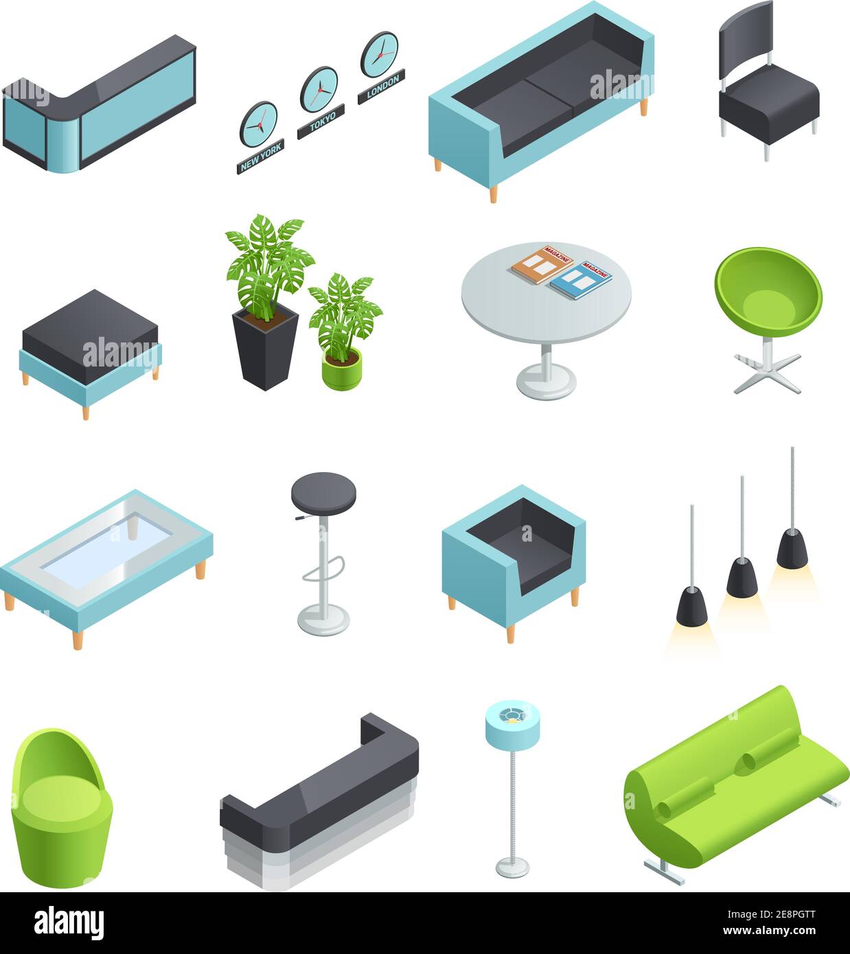 Color isometric icons of interior elements of hall foyer vector ...