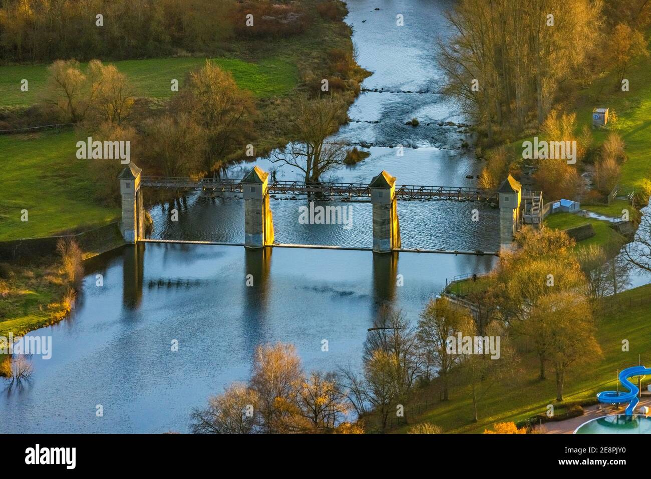 Aerial view, hydroelectric power plant, river Ruhr, Wickede, Sauerland ...