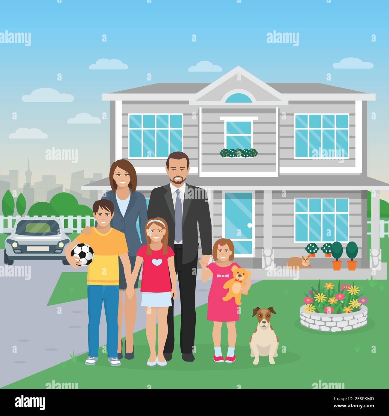 Color flat illustration big happy family with dog in the yard vector ...