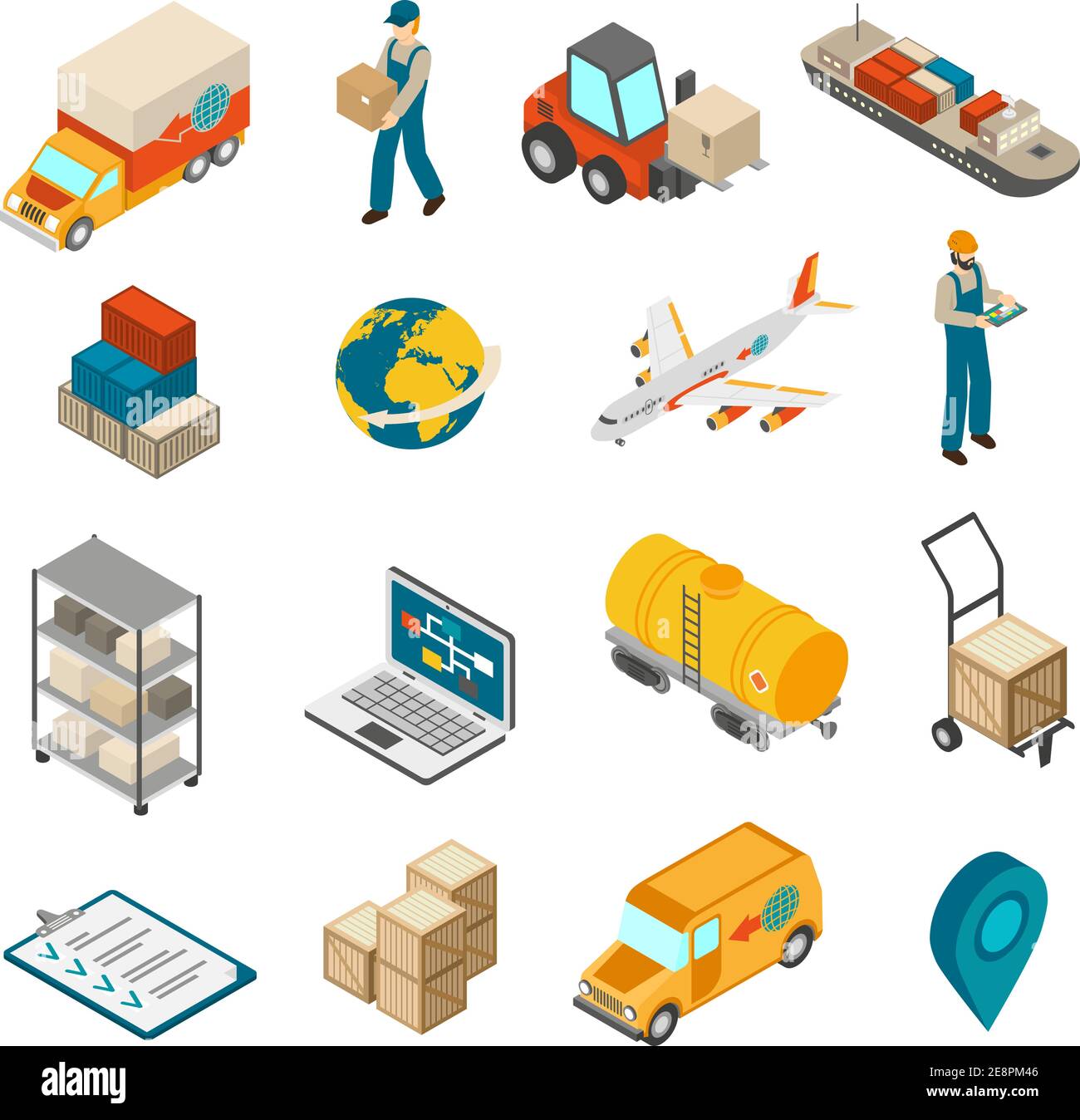 International logistic service symbols isometric icons set with world ...