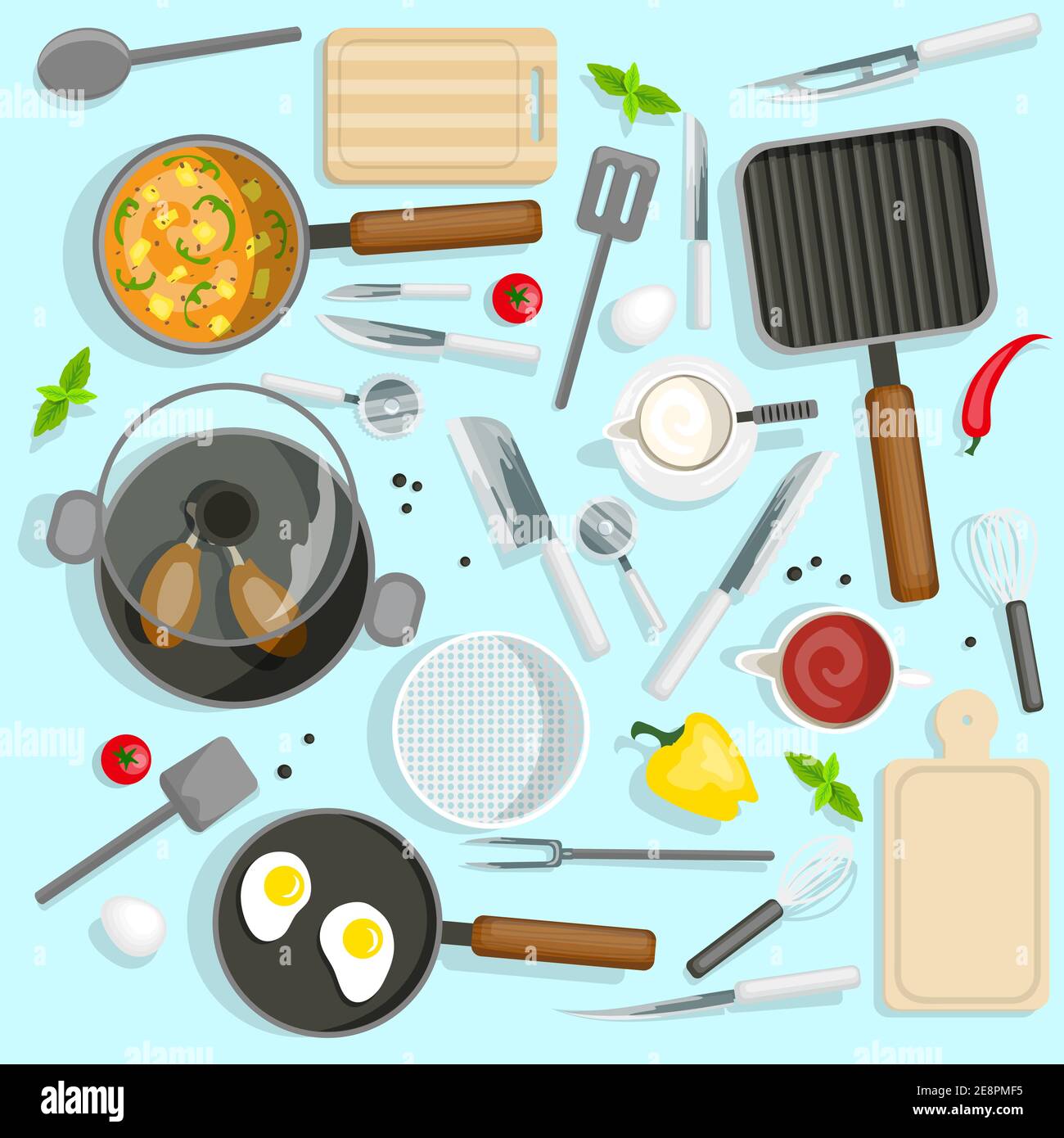 Cooking Top View Set. Chef Workplace Vector Illustration. Kitchen ...