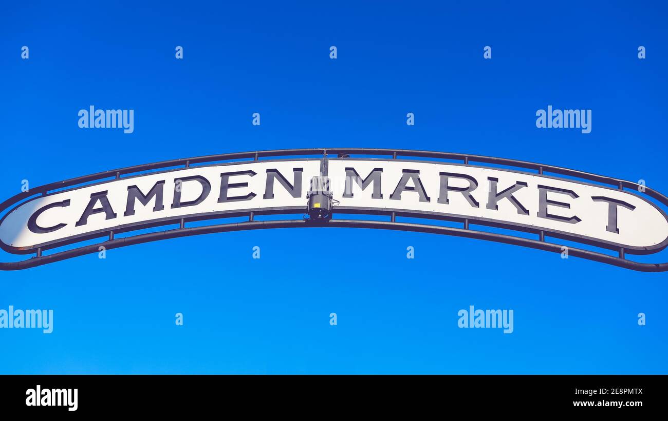 London, UK. 25 Jan 2021. The Camden Market sign against a blue sky ...