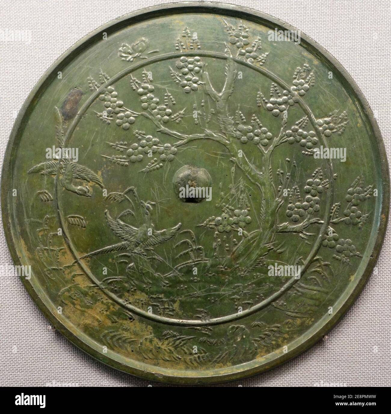 Mirror with sandbank, plum tree, and pheasant design, Iitaka Sutra ...