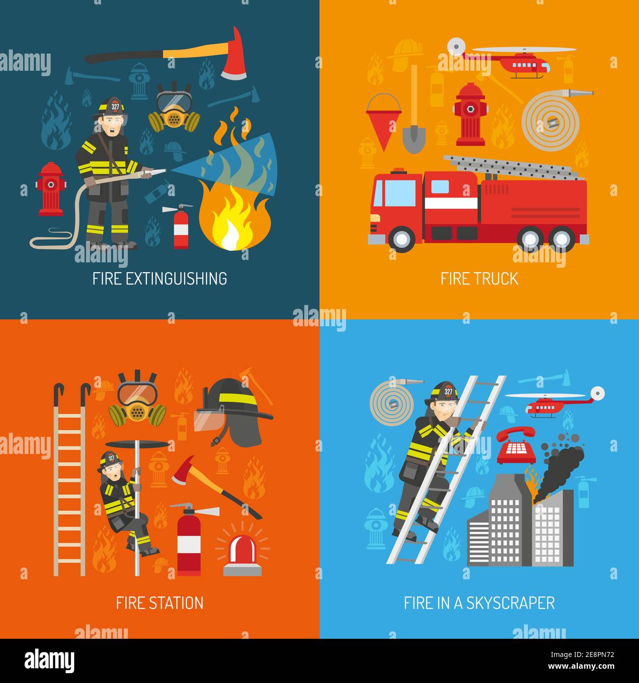 Firefighters work concept 4 flat icons square composition banner with ...