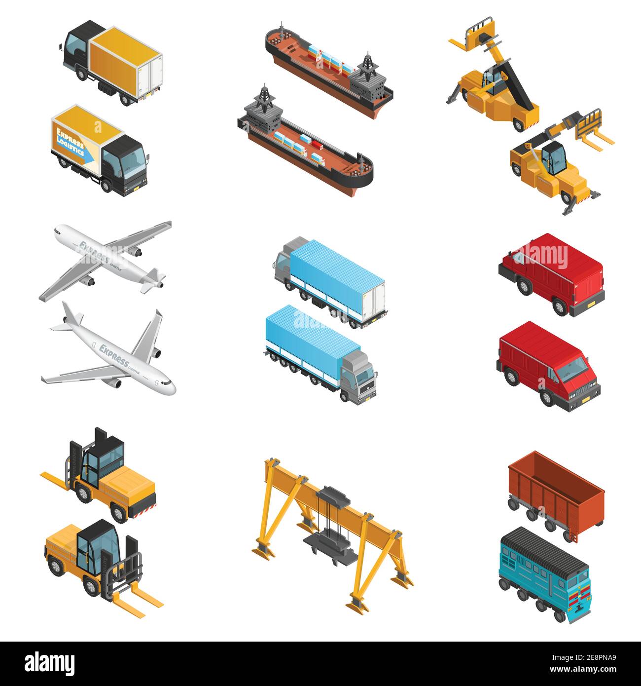 Isometric icons set of air land and water cargo transport vehicles with ...
