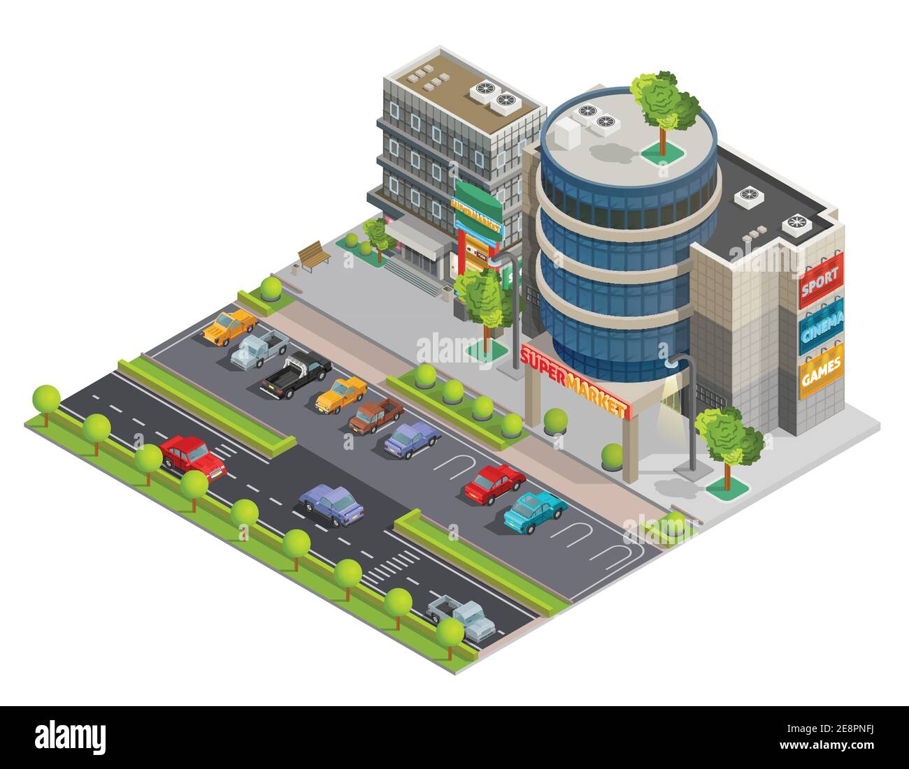 Modern downtown shopping center mall in business district street view ...