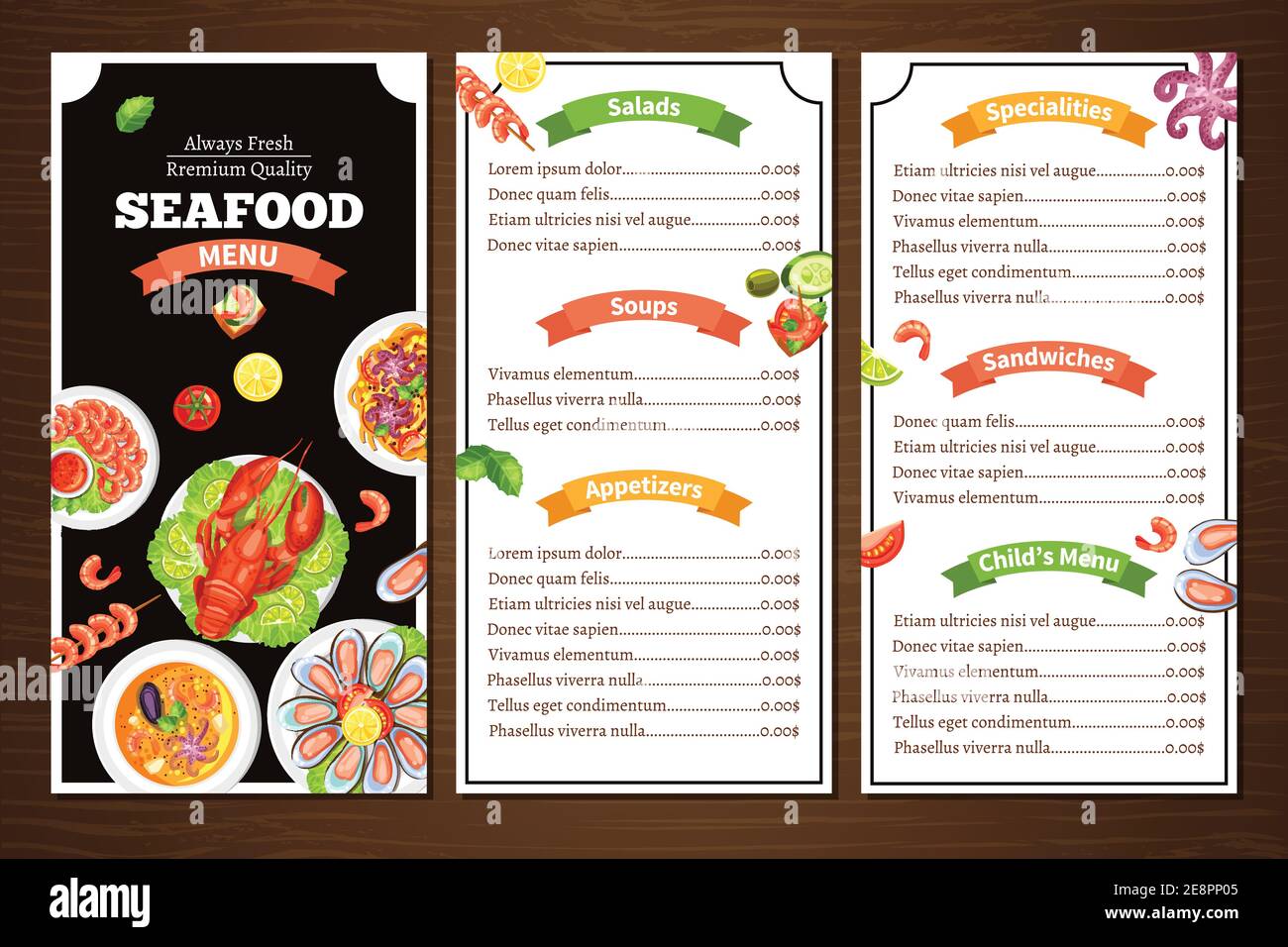 Compact color menu for seafood cafe or restaurant with wood background ...