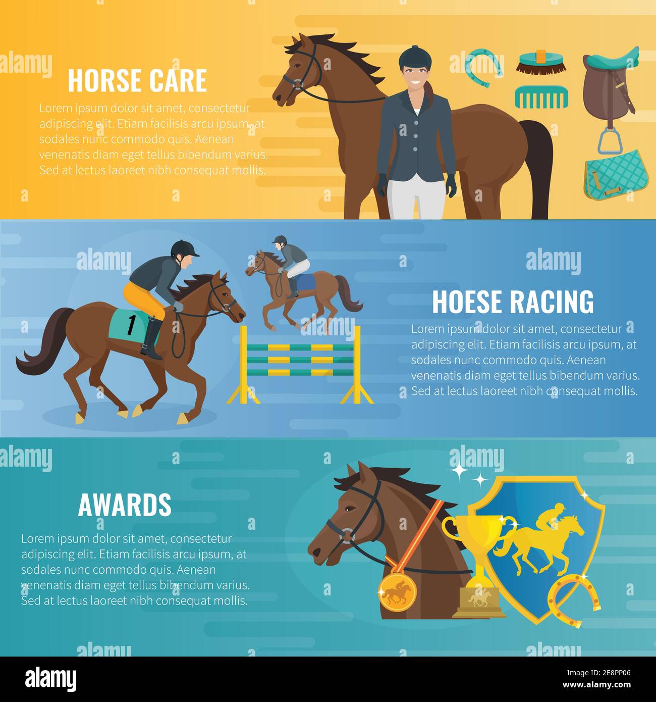 Color flat horizontal banners about horse care equestrian racing and ...