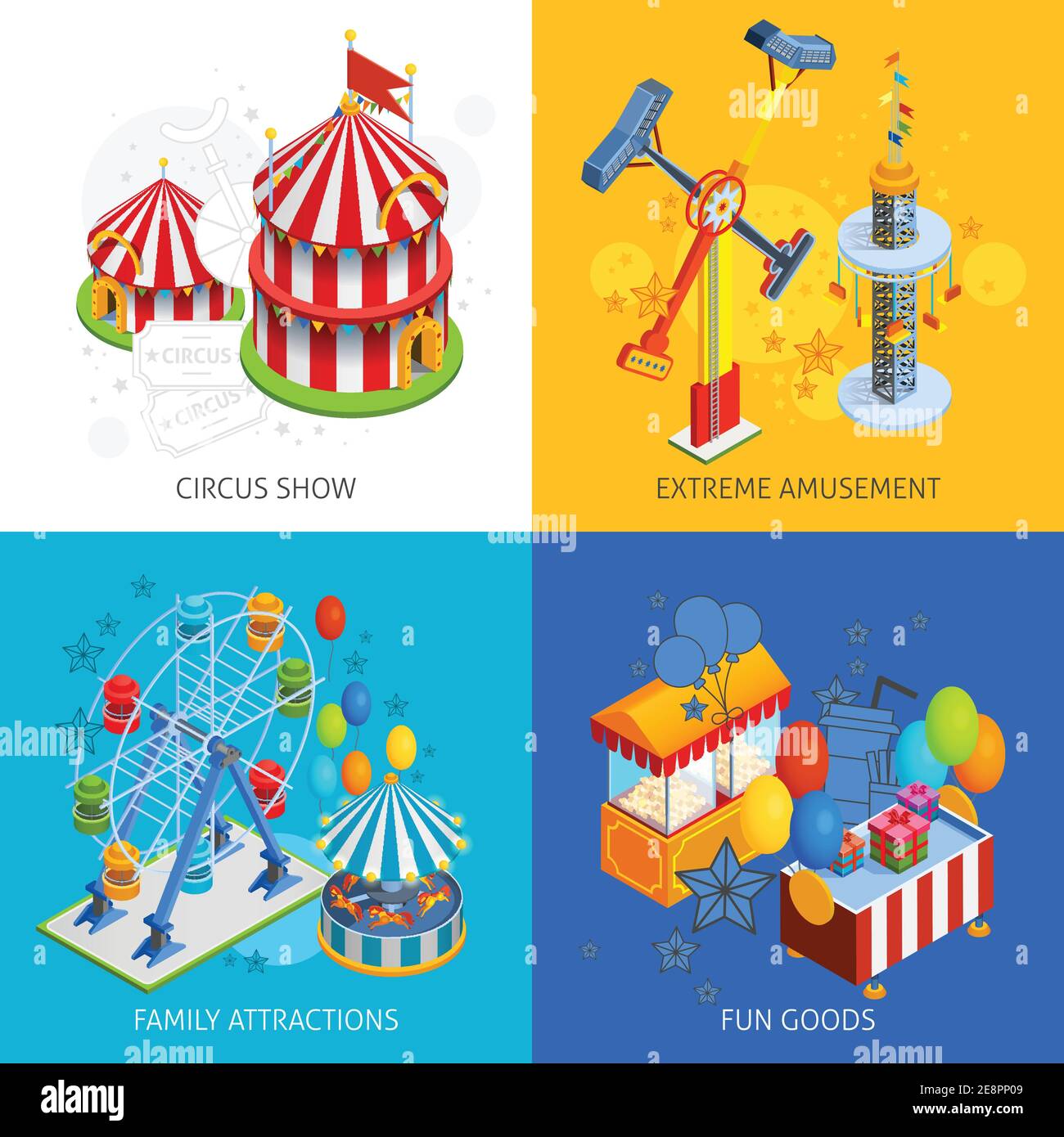 Amusement park 2x2 isometric design concept set of circus show extreme ...