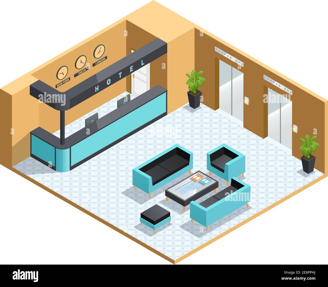 Color isometric illustration depicting hall interior vector ...