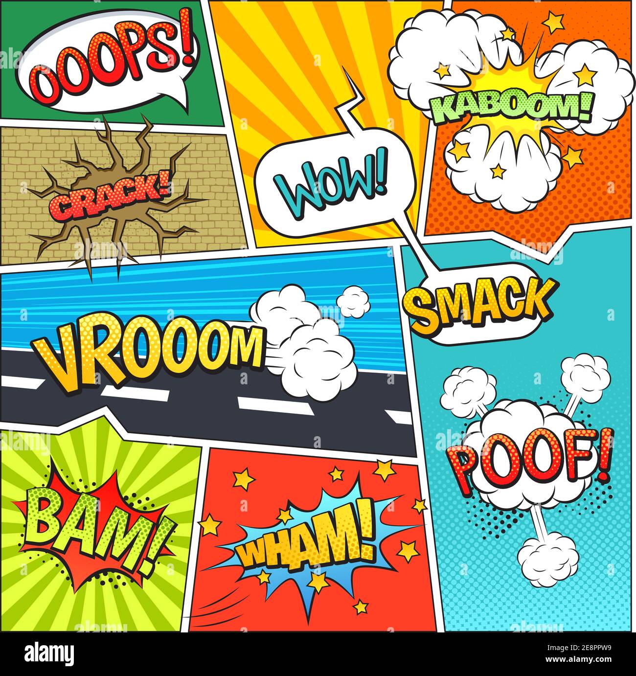 Classic comics book page sample with speech exclamations wow oops bam ...