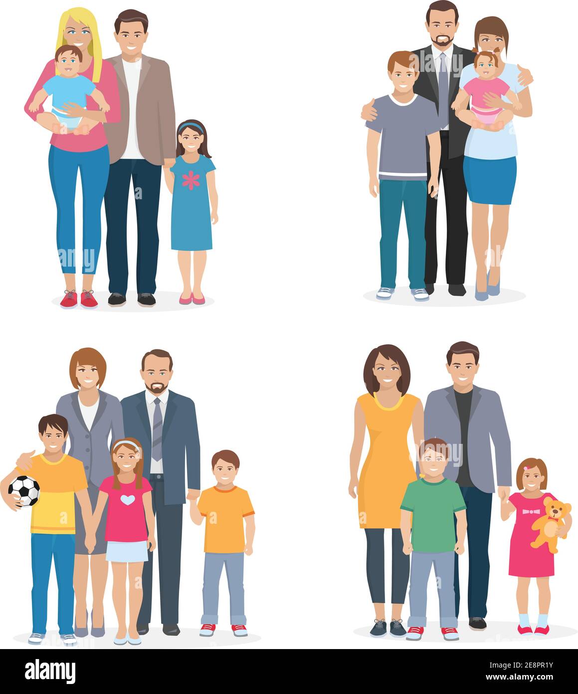 Flat composition 2x2 depicting big happy family with white background ...