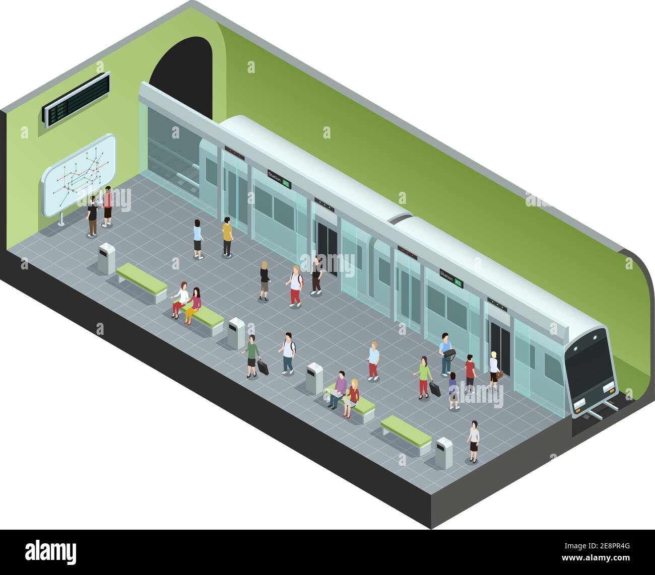 Color isometric concept depicting subway station with train and people ...