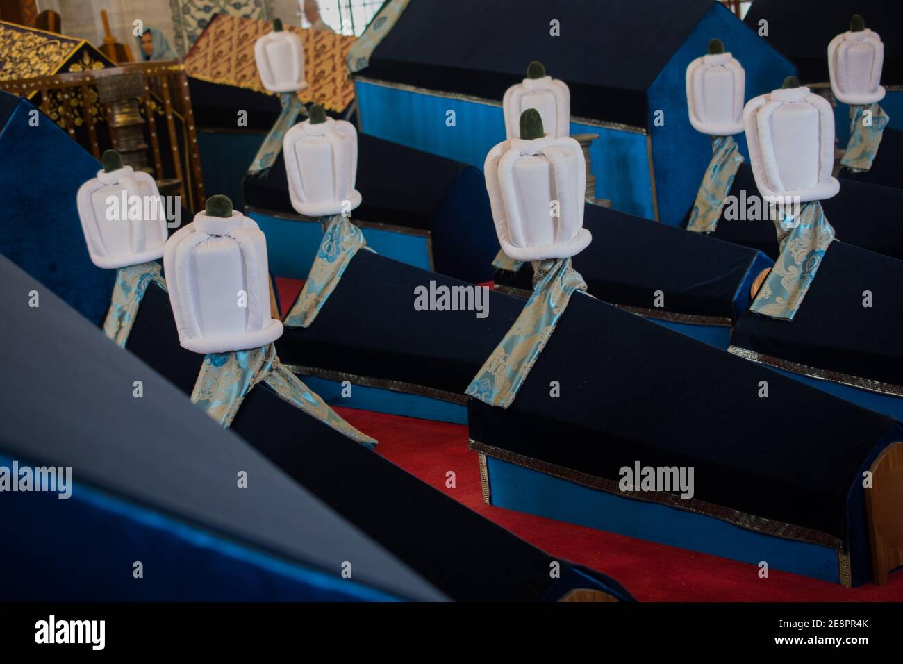 Rows of coffins in an ottoman turkish mausoleum tomb Stock Photo - Alamy
