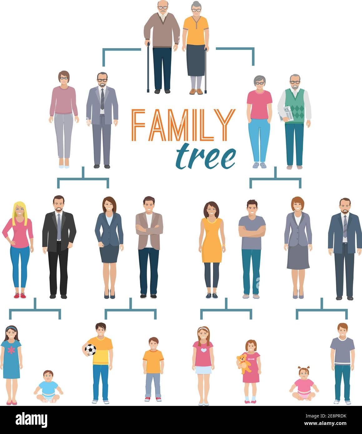 Decorative flat illustration of genealogy tree chart depicting icons of ...