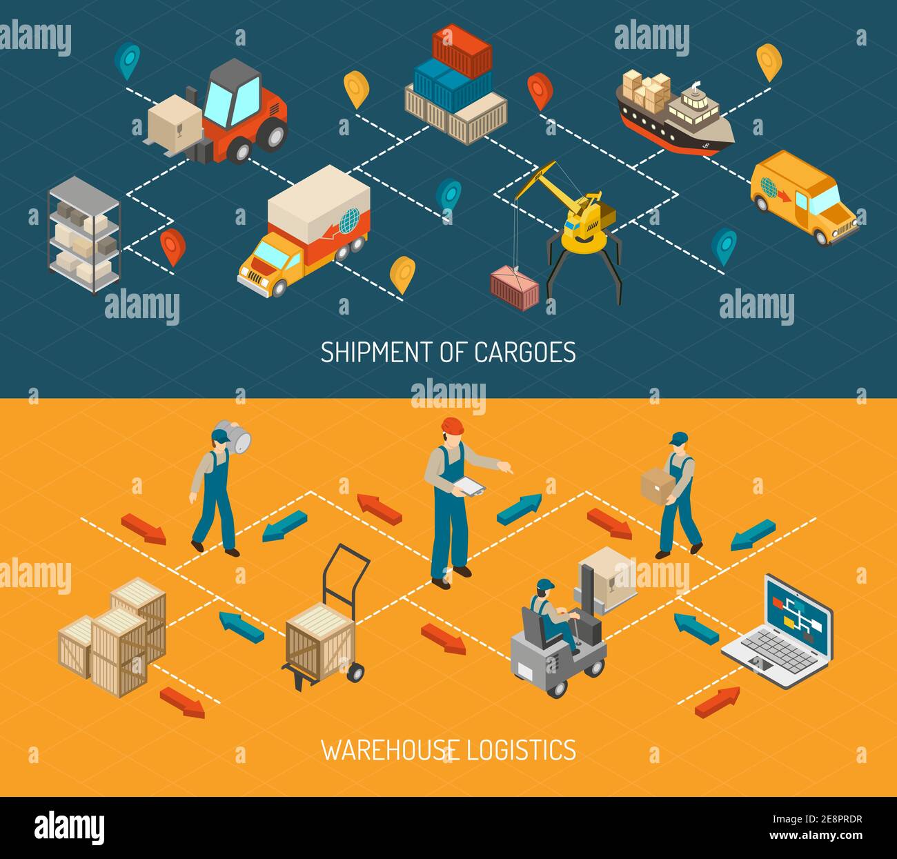 Logistics 2 horizontal isometric with cargo delivery chain and ...