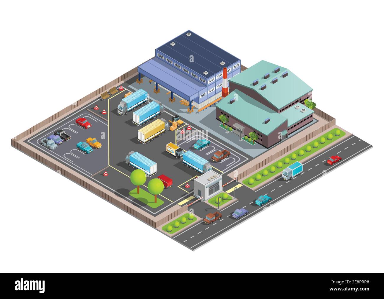 Isometric warehouse composition with terminal and office buildings ...