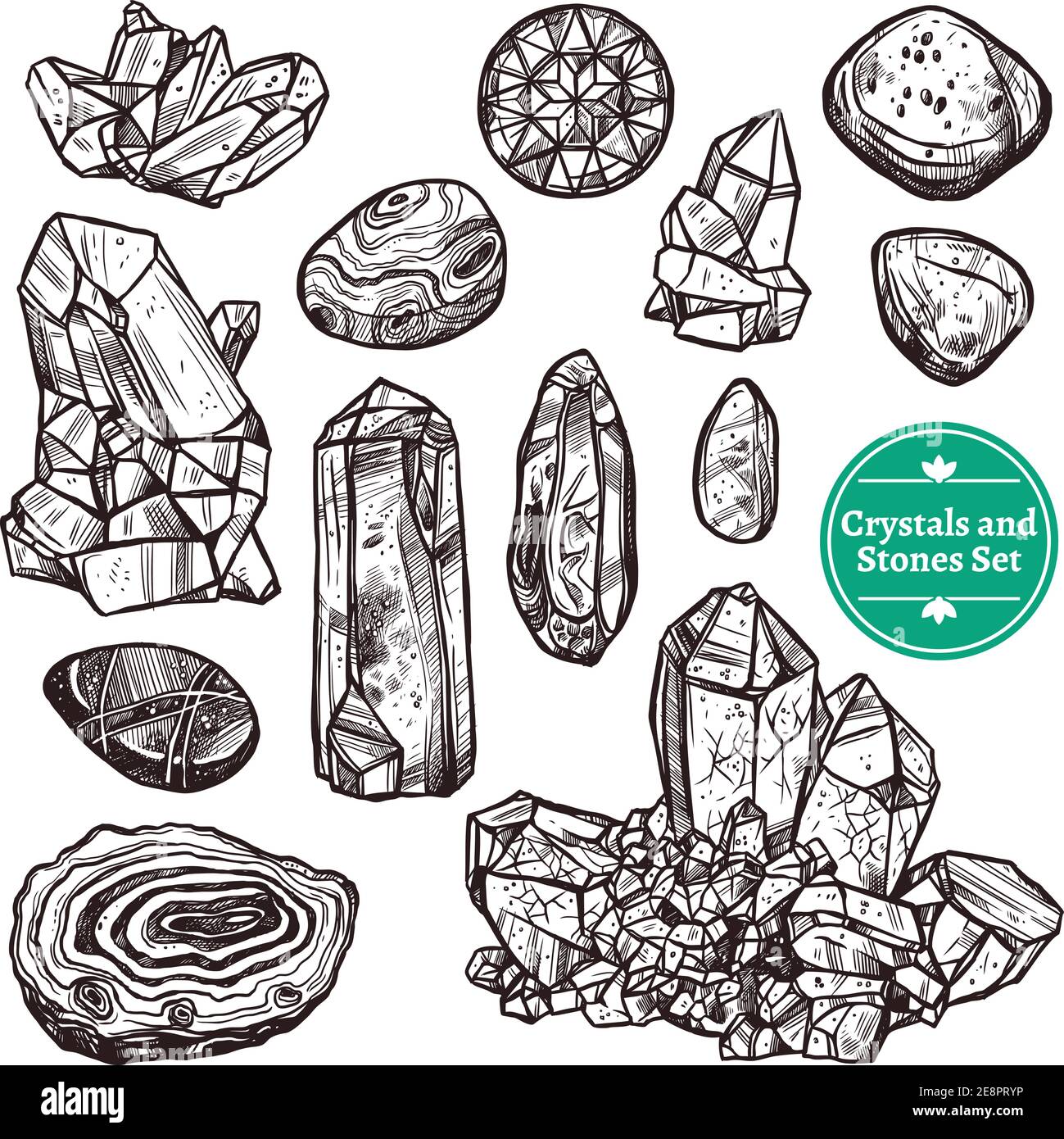 Hand drawn monochrome icons set of crystal stones rocks with white ...