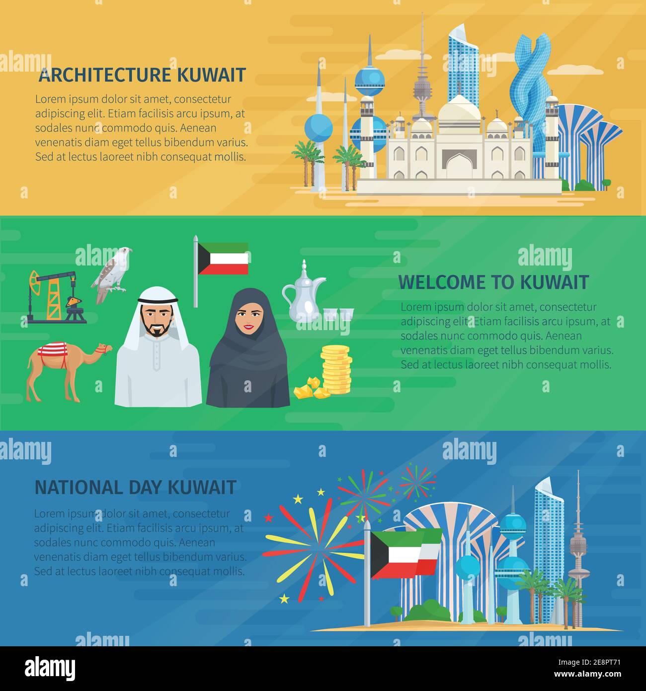 Kuwait banner horizontal set with national architecture symbols nature ...