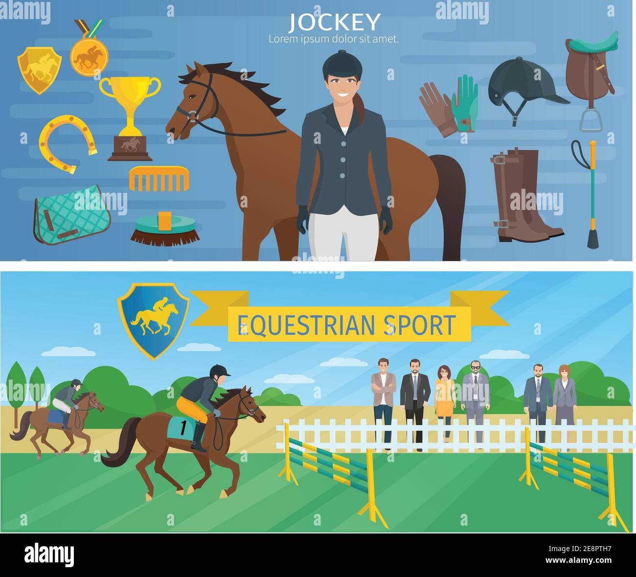 Horizontal color decorative banners depicting jockey with equipment and ...
