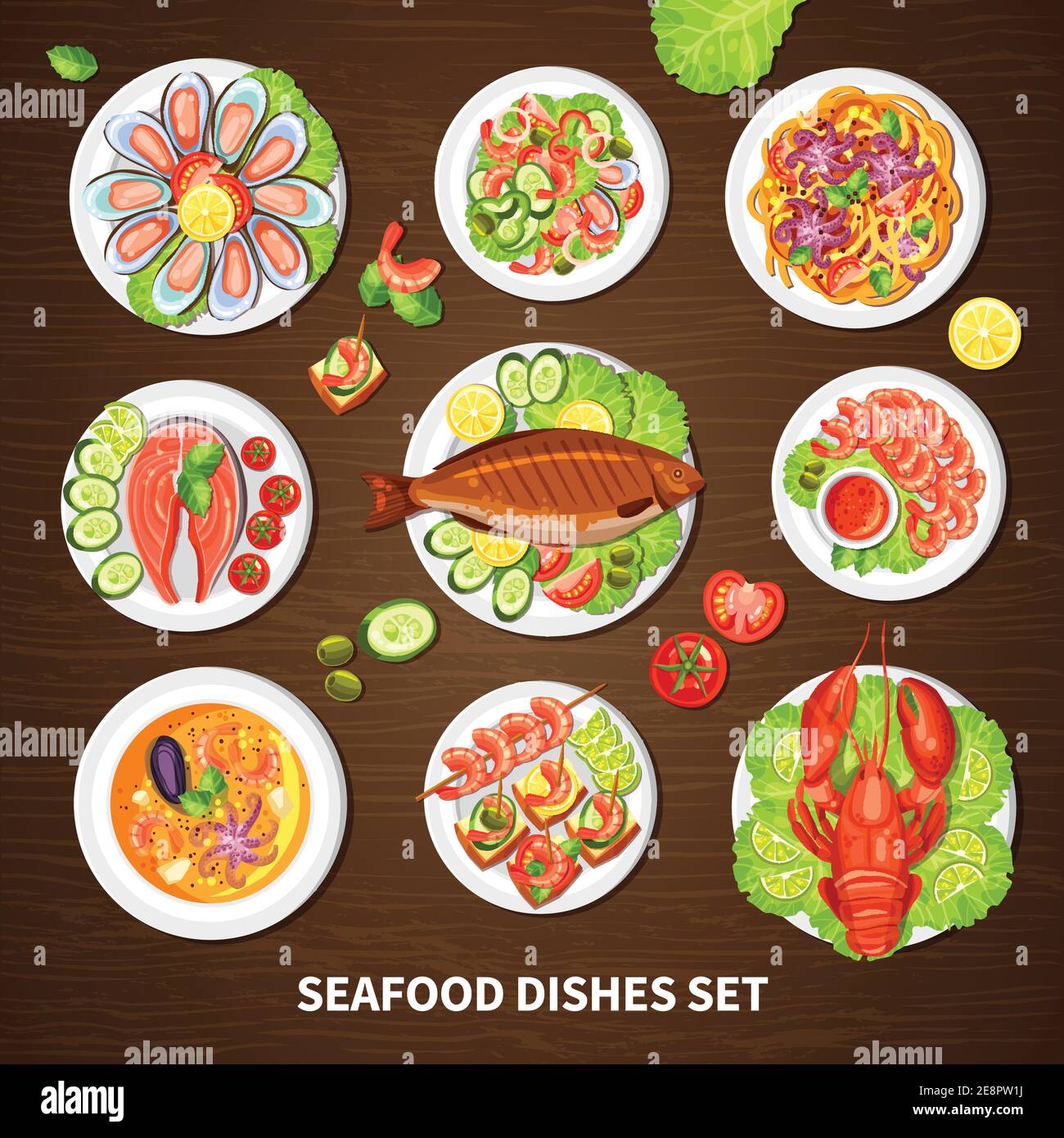 Poster with seafood dishes set of different fishes cancer lobster ...
