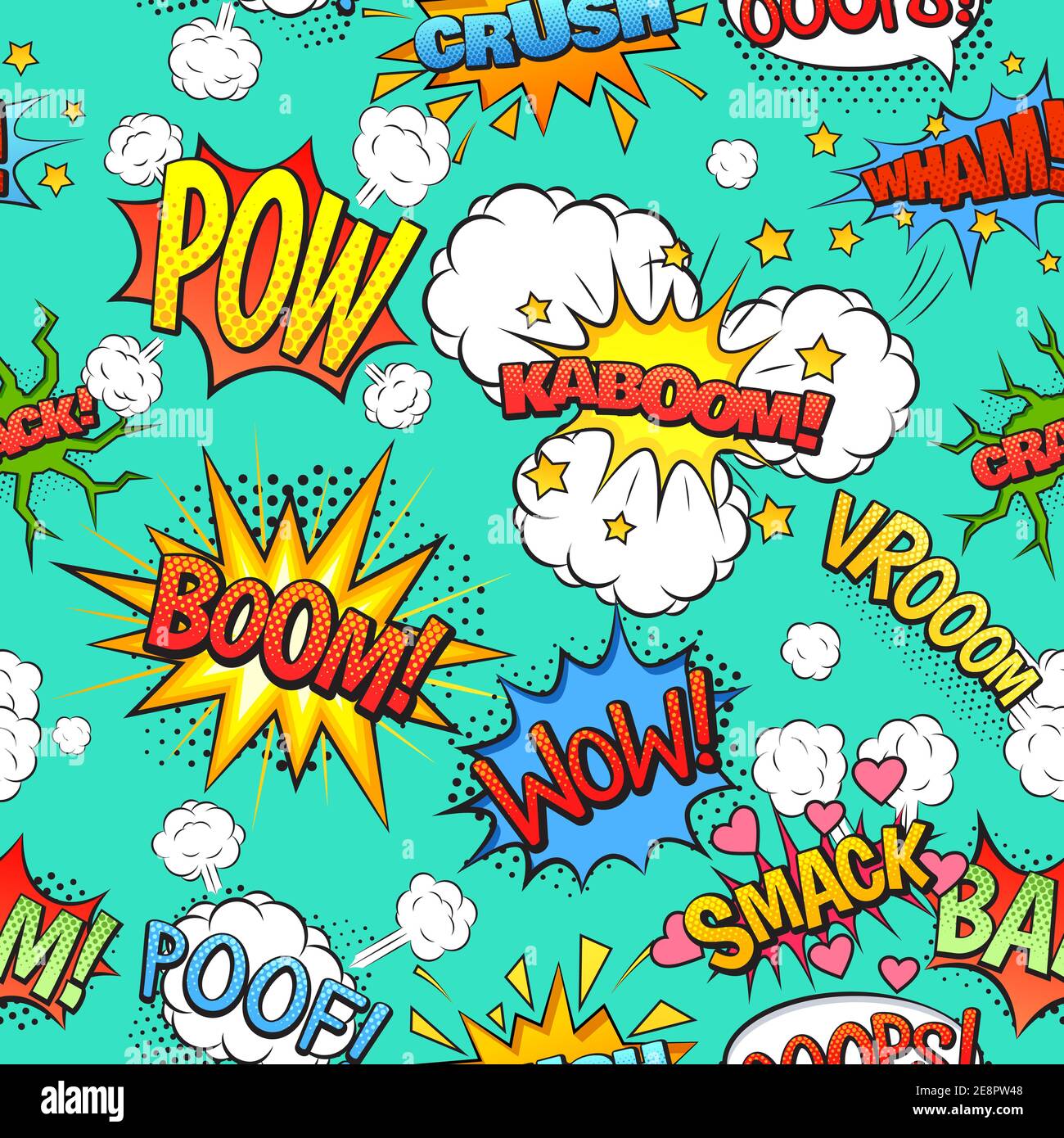 Comics speech and exclamations boom wow bubbles clouds seamless pattern with bright green ...