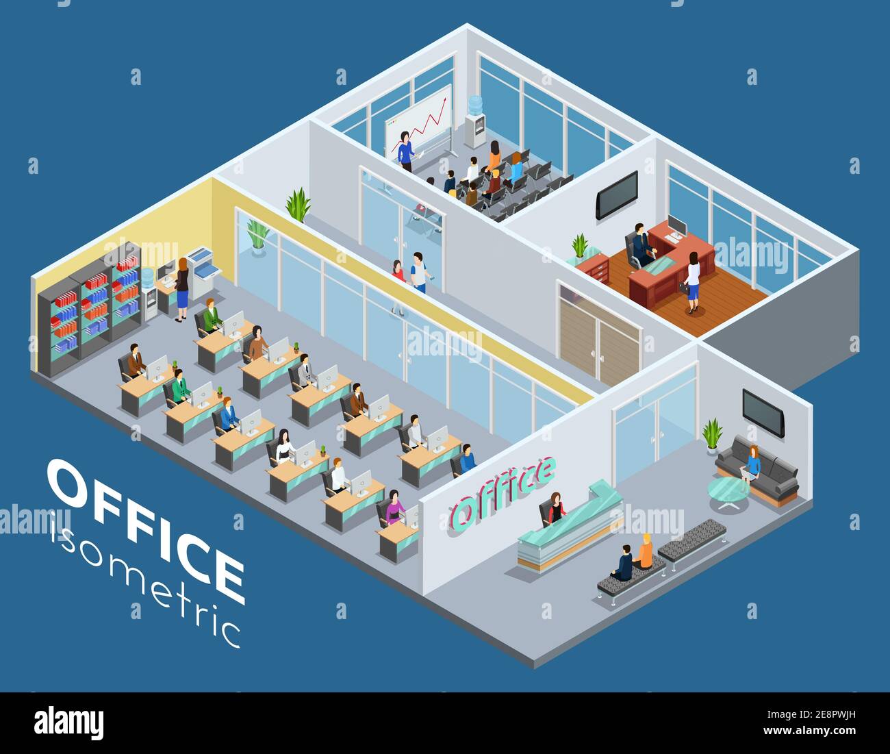 Isometric one level business office interior view with workroom ...