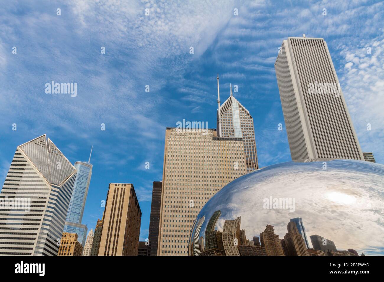 Downtown Chicago Skyline Reflecting in The Cloud Gate Sculpture ...