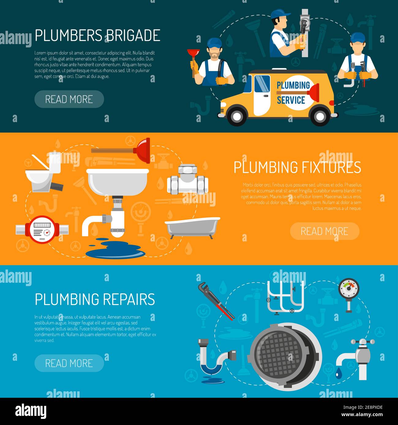 Plumbing horizontal banners set with brigade of repairmen tap sewer ...