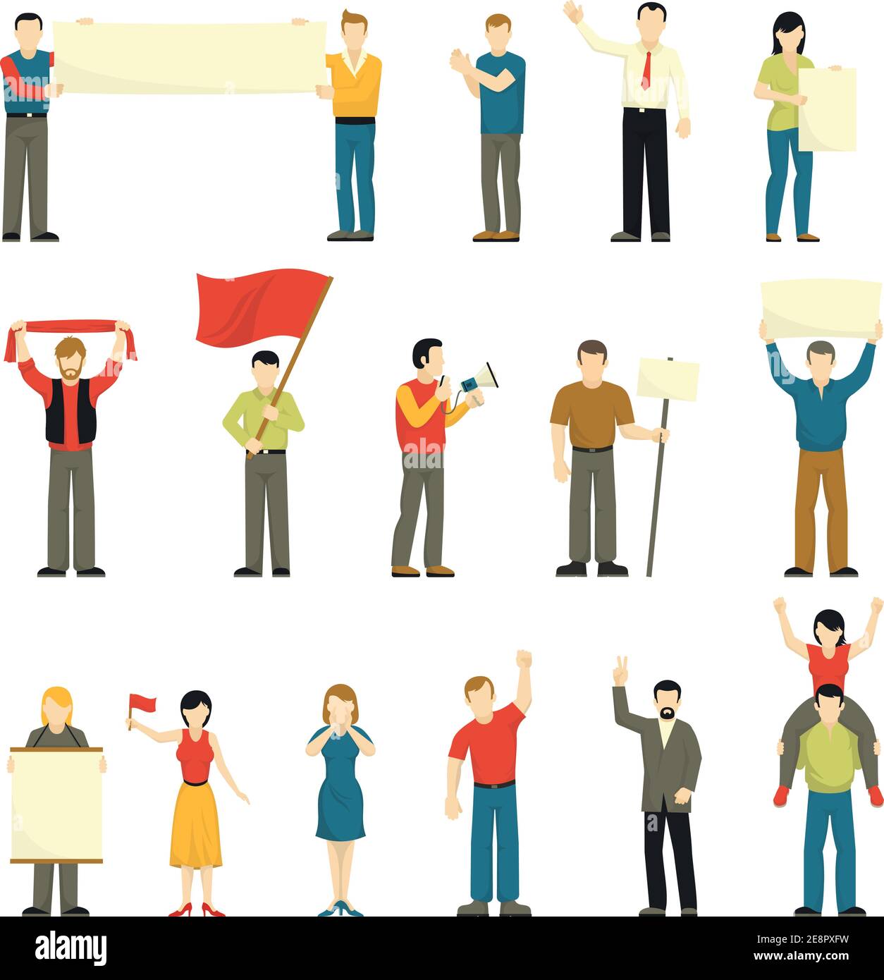 Cheering protesting people decorative icons set with men women flags ...