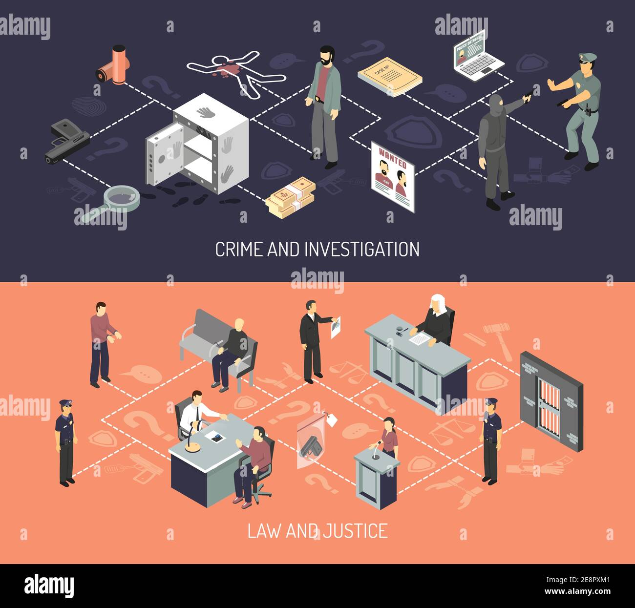 Judicial system isometric horizontal banners with crime arrest ...