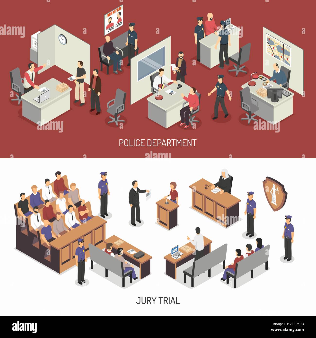 Law system isometric horizontal banners with police office ...