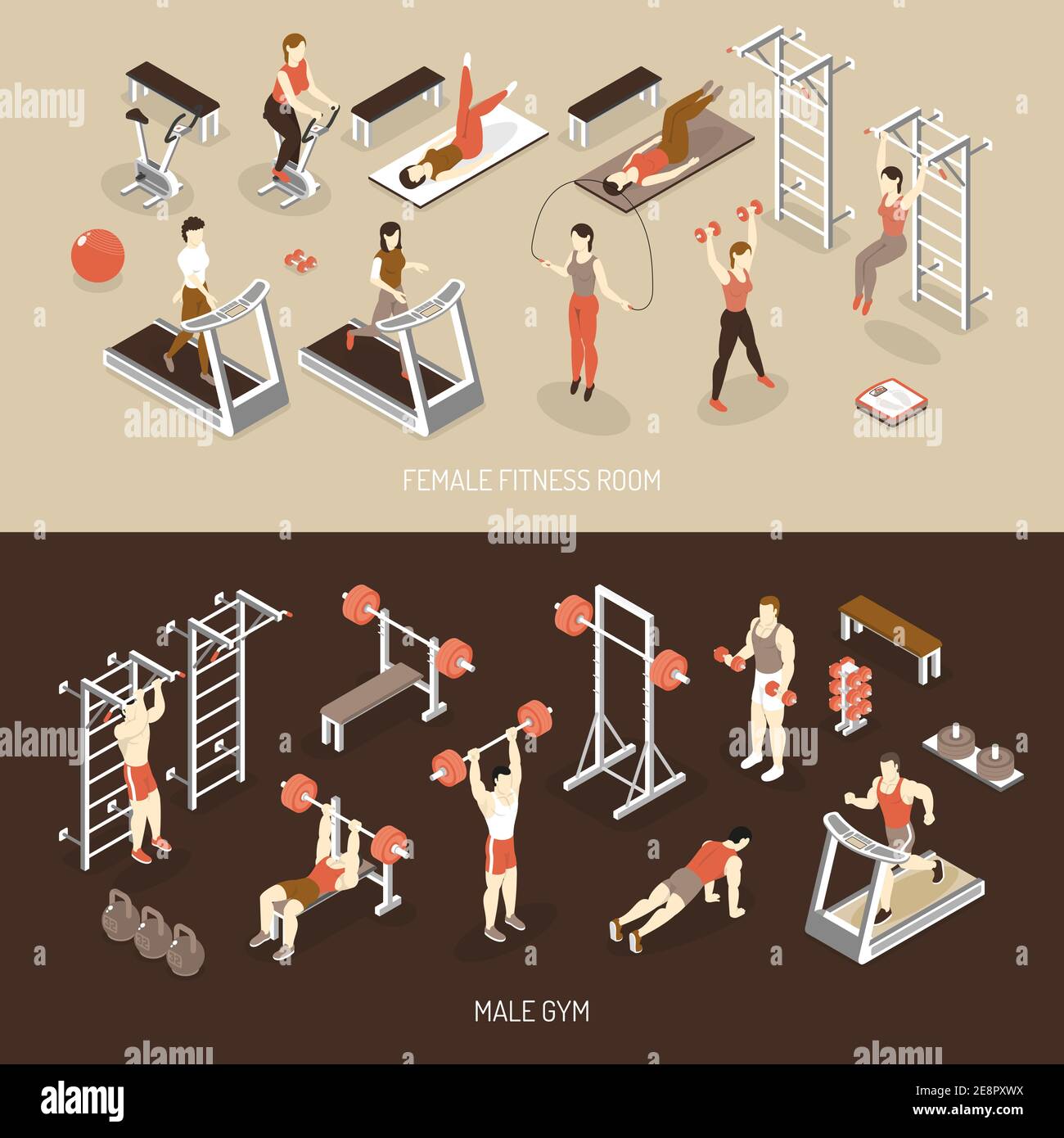 Fitness isometric horizontal banners with female training room male gym ...