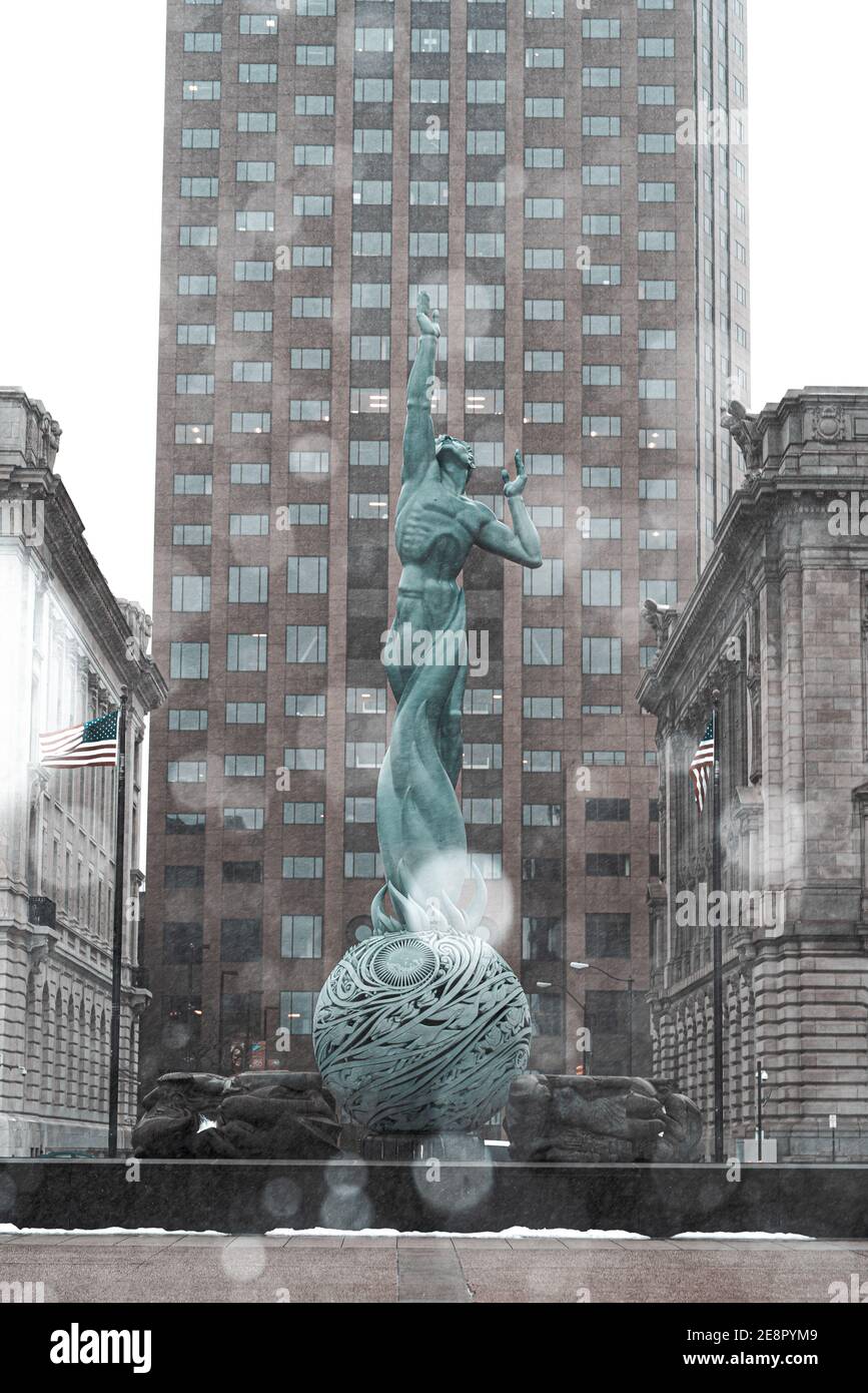 Statue of Eternal Life in Cleveland Ohio during a snow storm Stock ...