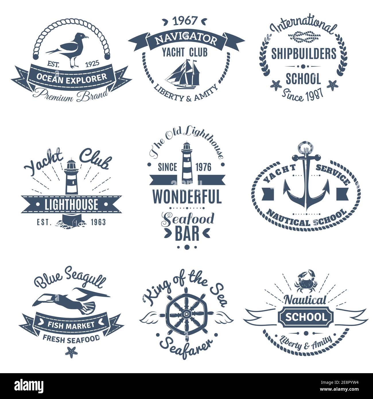 Monochrome nautical marine labels and logos of shipbuilders school ...