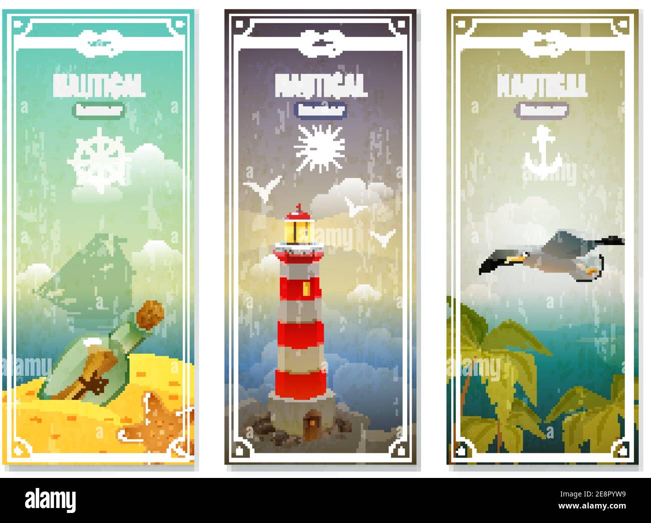 Retro sea nautical vertical banners with lighthouse seagull message in ...