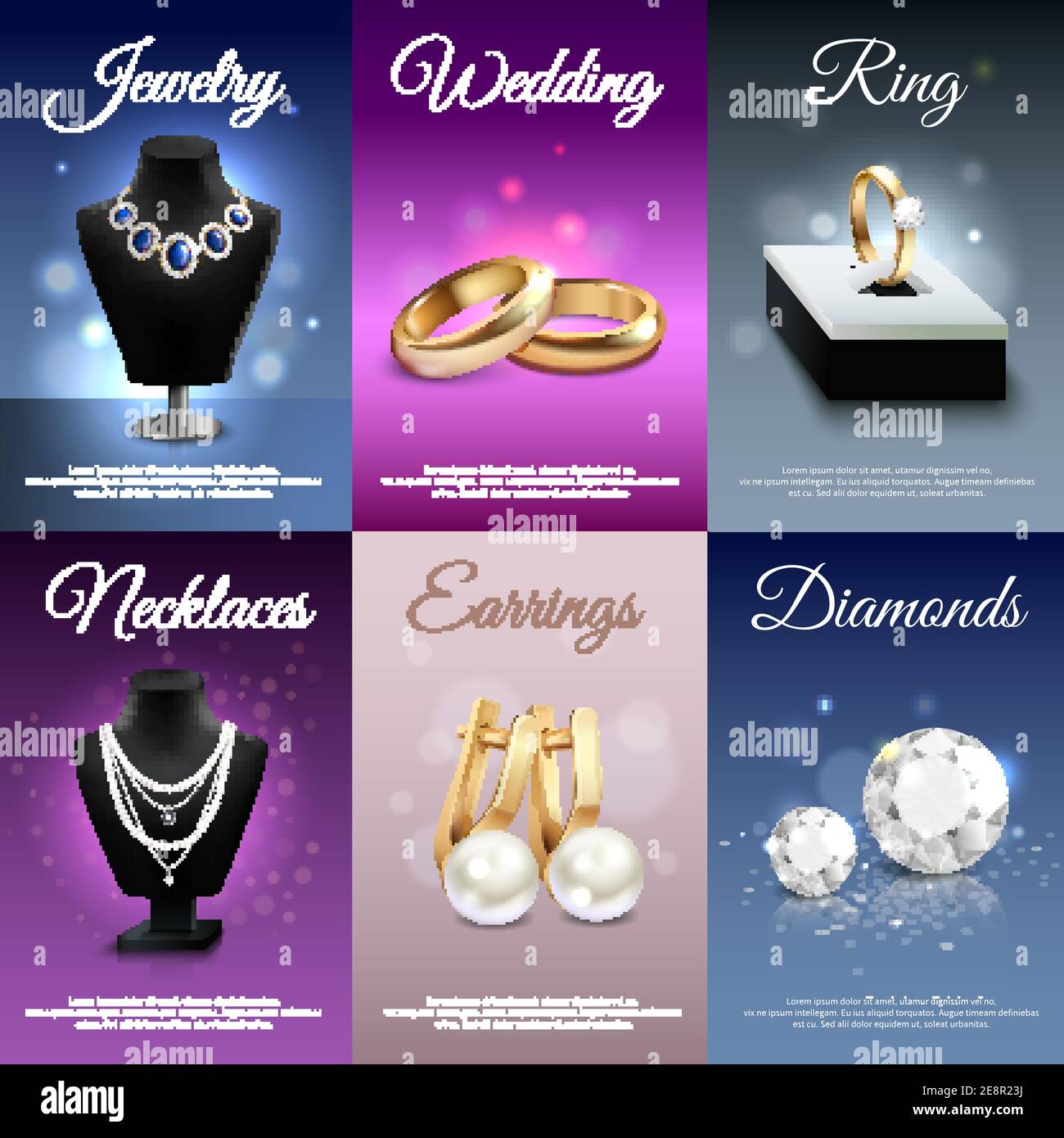 Colorful jewelry realistic banners with necklaces rings earrings ...