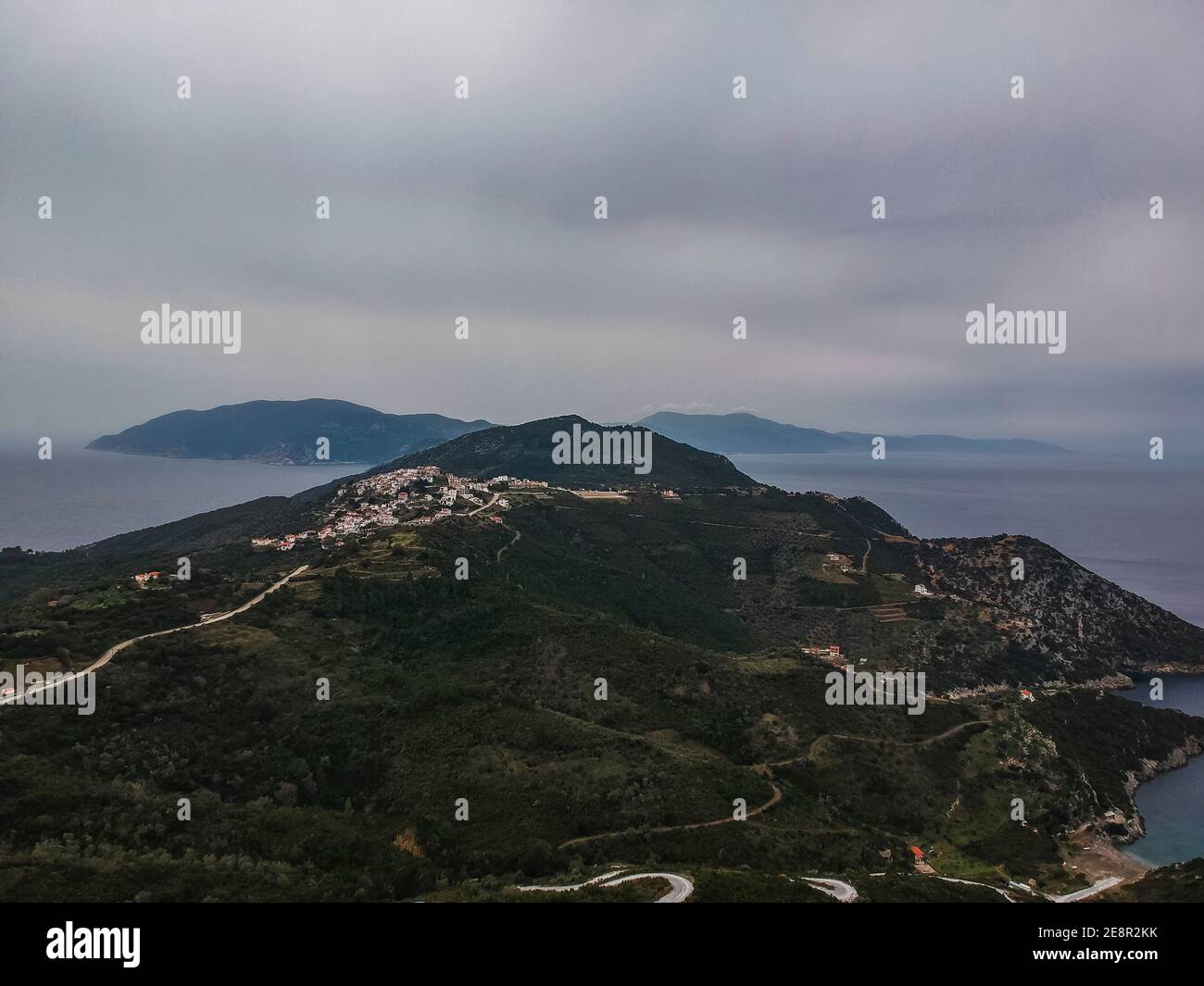 Aerial view over western Alonnisos island and the rock formation ...