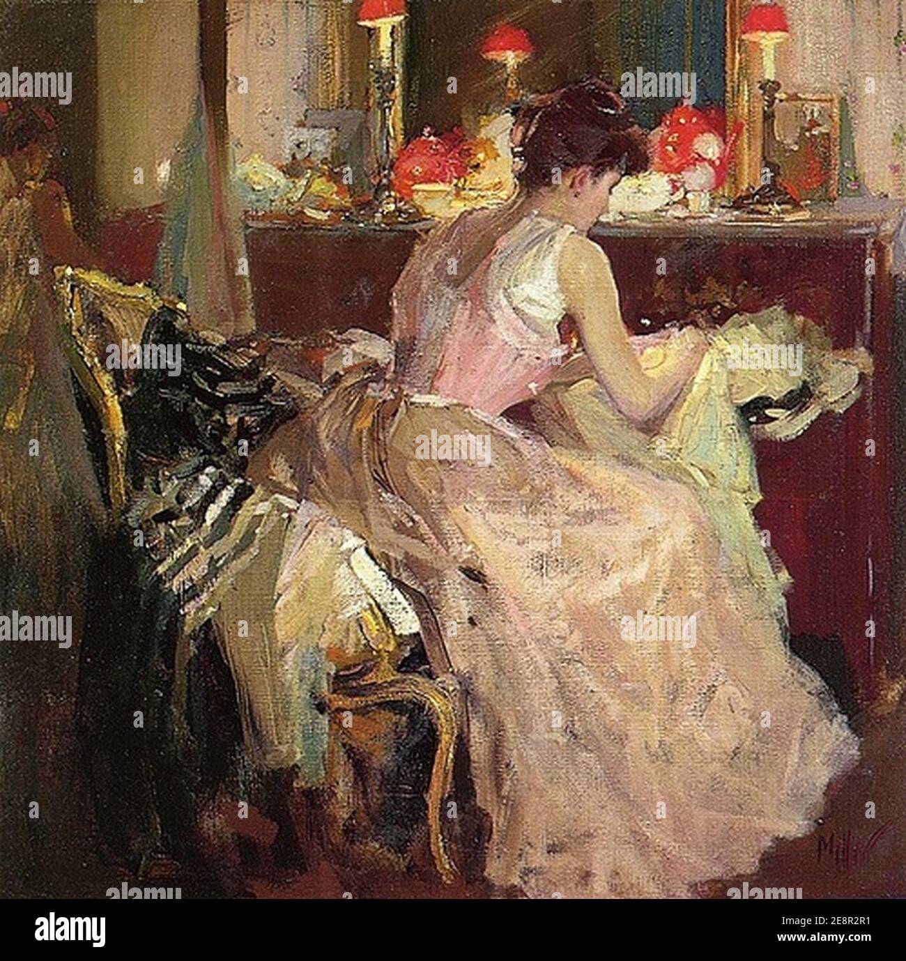 Miller, Sewing by lamplight Stock Photo - Alamy