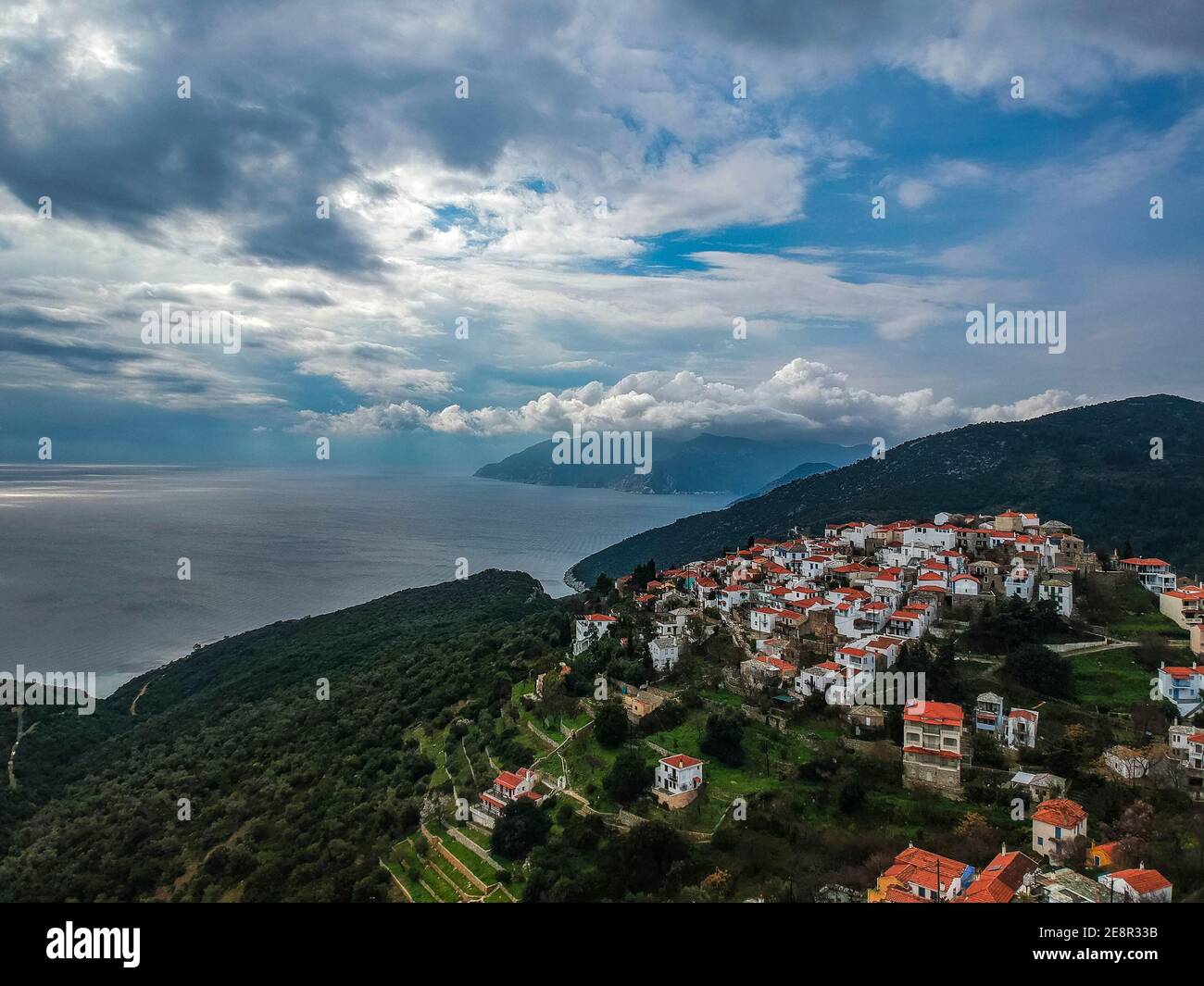 Aerial panoramic view over Chora the beautiful old Village of Alonnisos ...