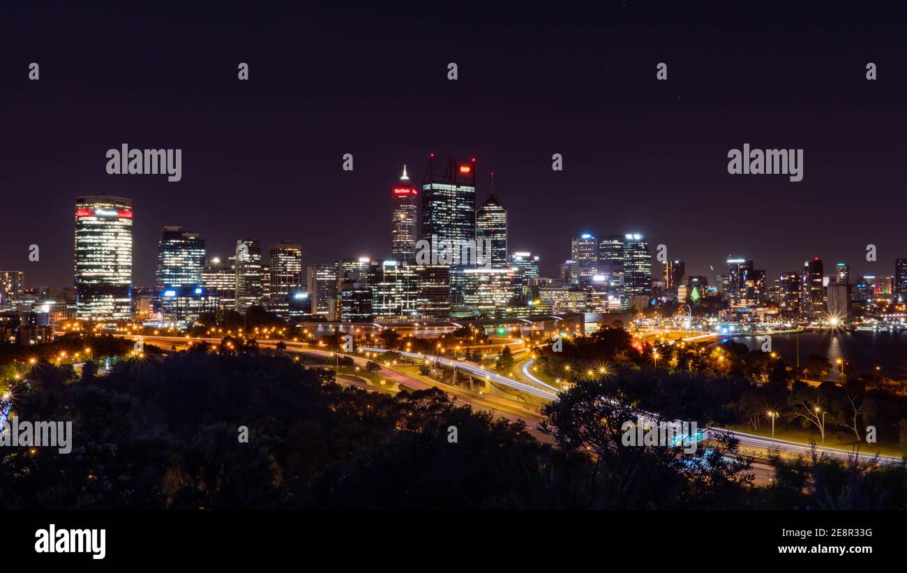 Perth Skyline from King's Park at Night Stock Photo - Alamy
