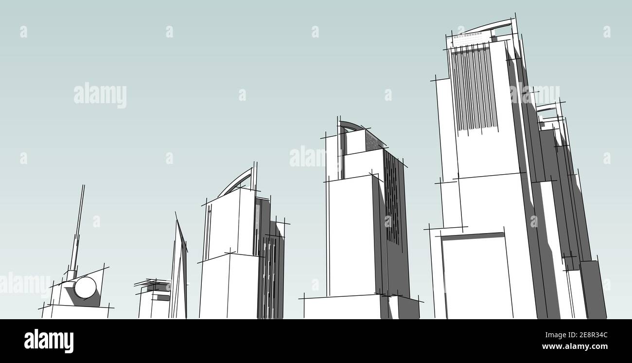 3D illustration architecture building perspective lines, modern urban ...