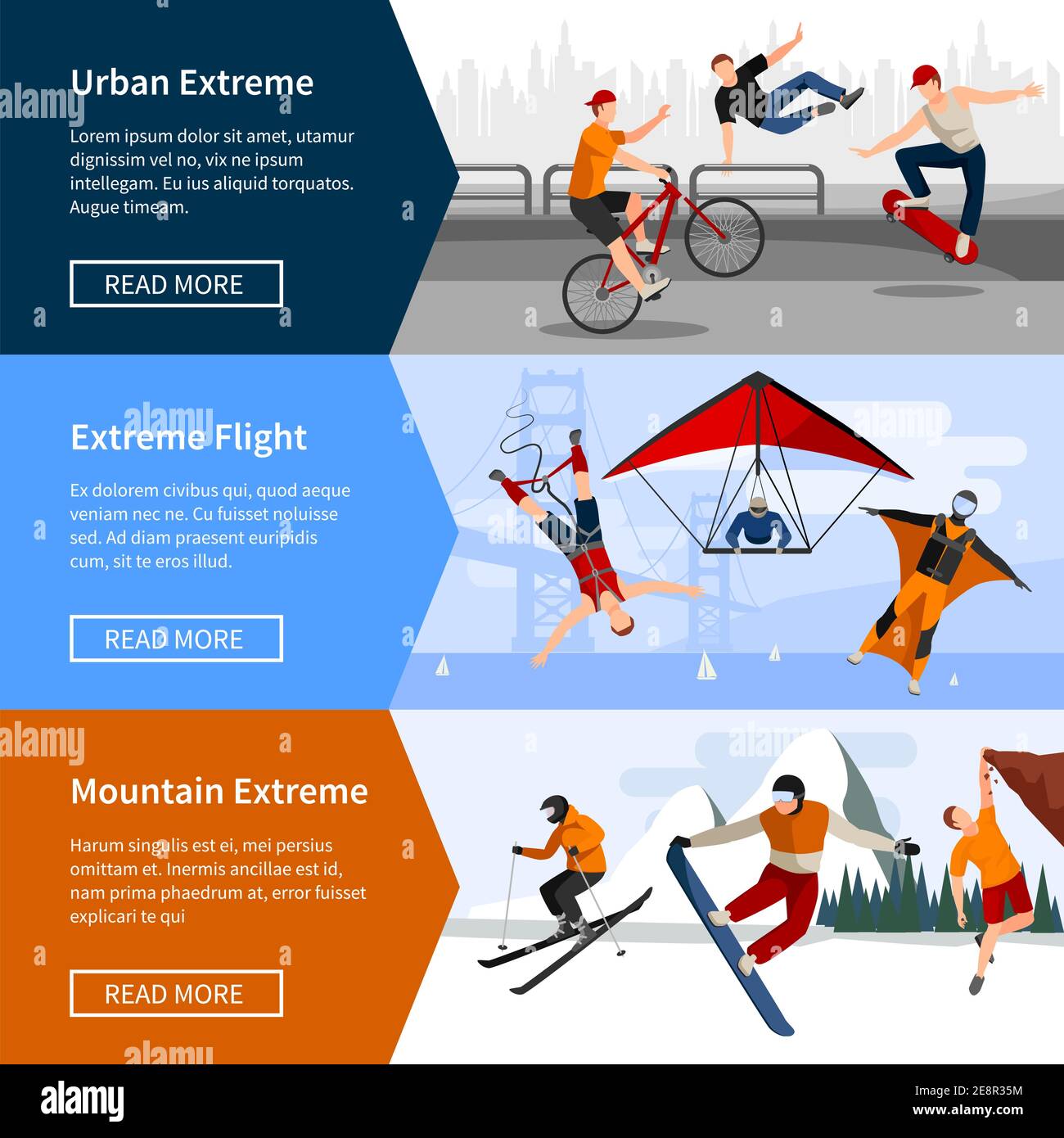 Colorful horizontal banners with people doing extreme sports such as ...