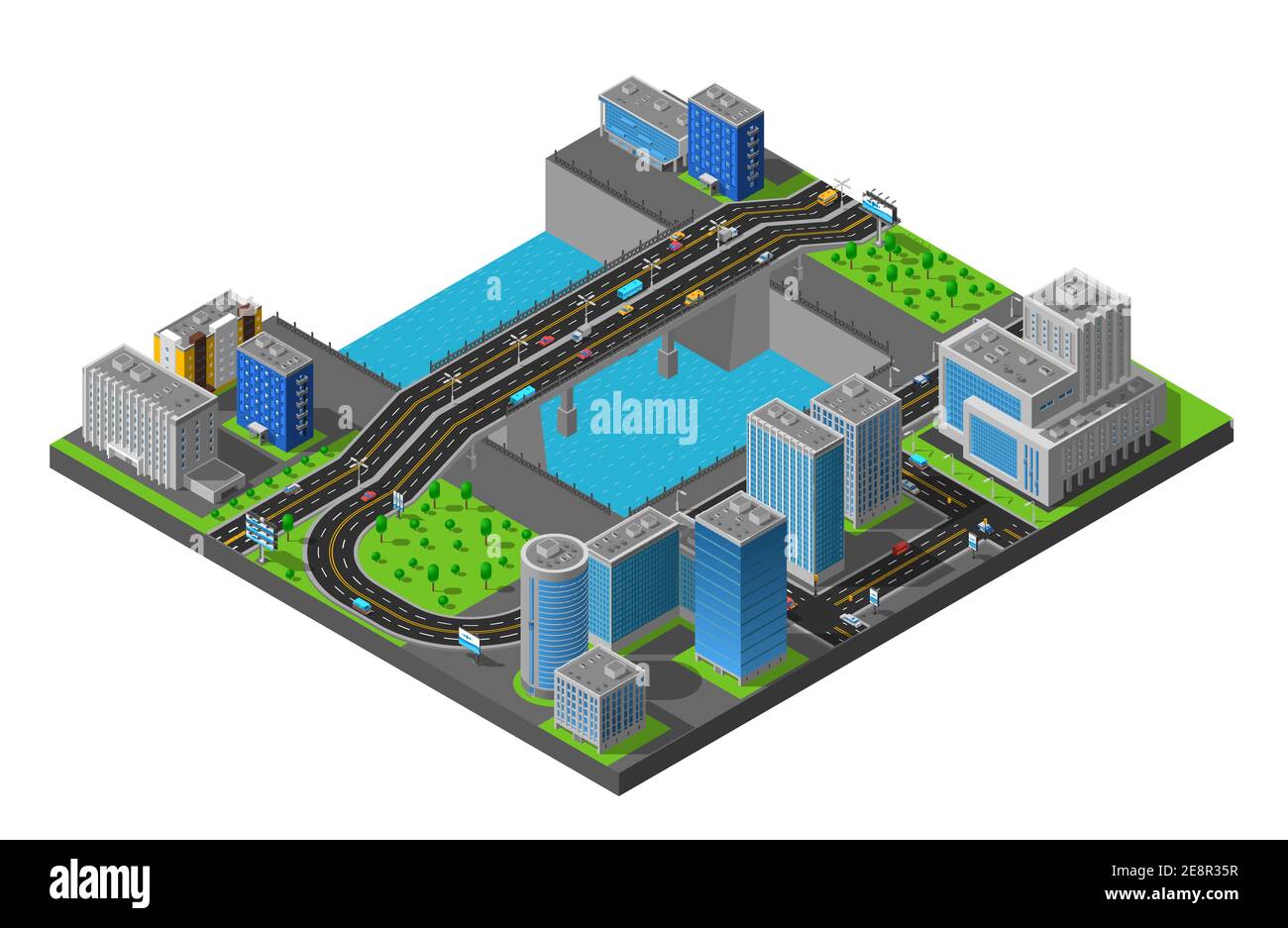 City business center and residential district isometric map with bridge ...