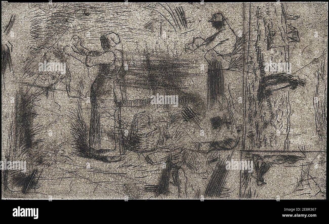 Millet - Three Sketches Woman Laying out Wash, Man Leaning on a Spade ...