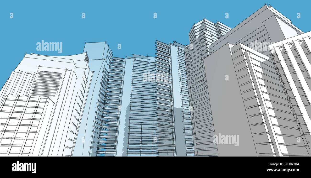 3D illustration architecture building perspective lines, modern urban ...