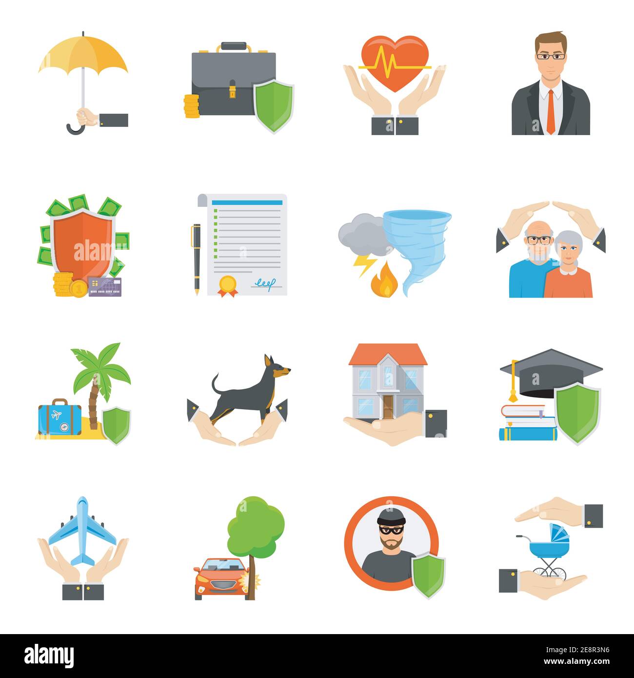 Insurance companies services flat icons set with travel health business ...