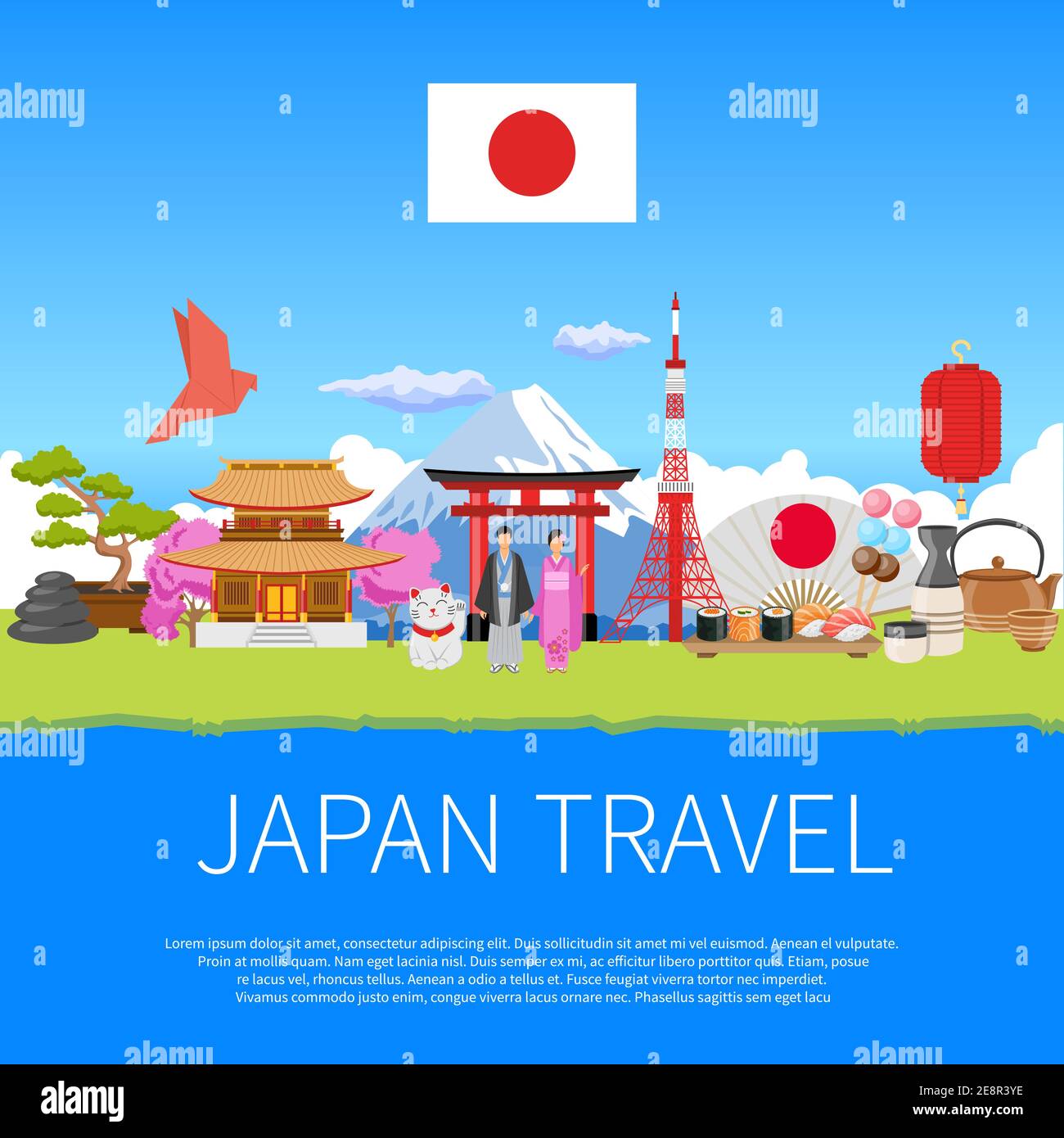 Japan travel flat advertisement flyer with national cultural symbols ...