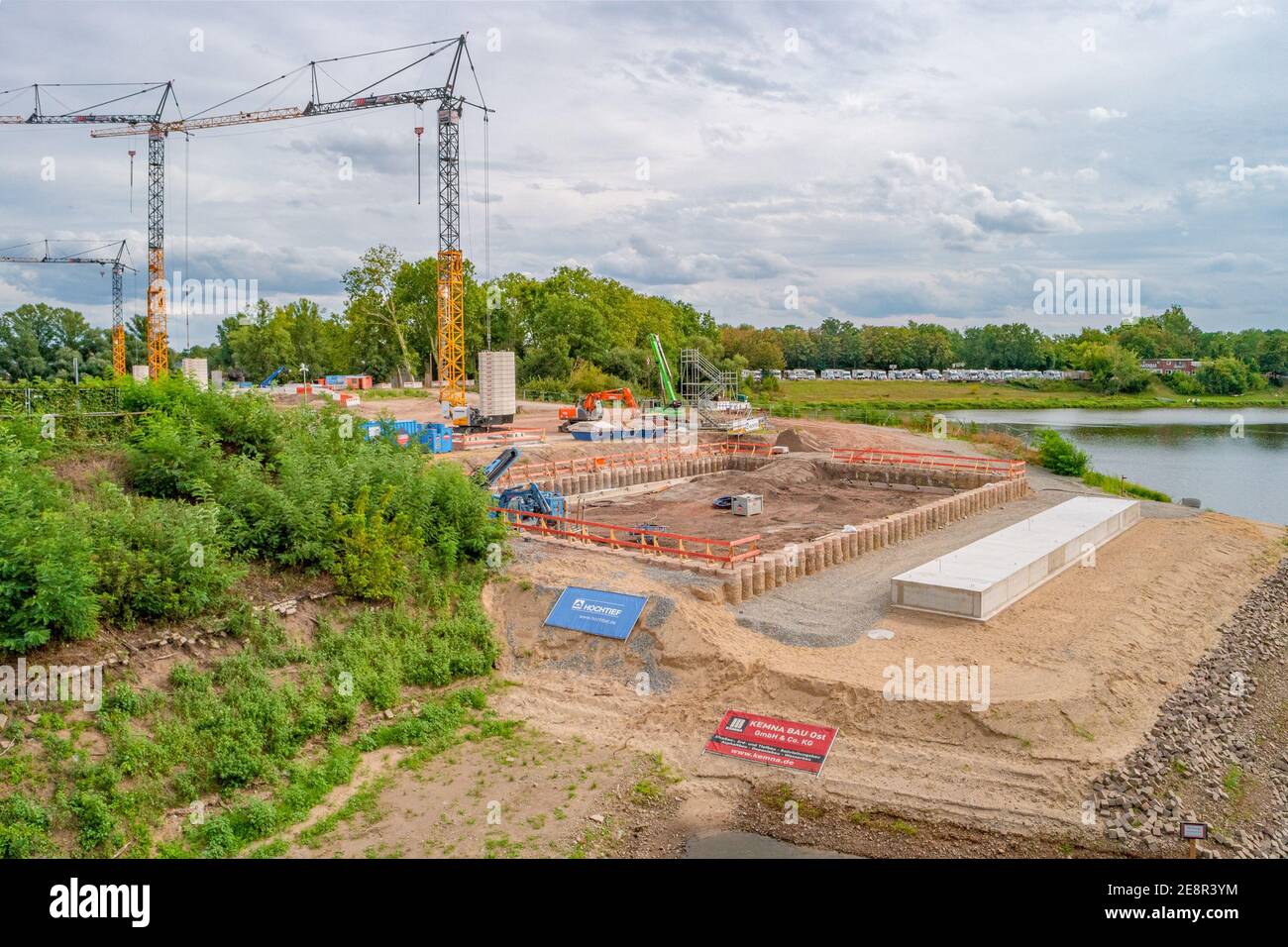 View over construction of a new bridge through Elbe river in the ...